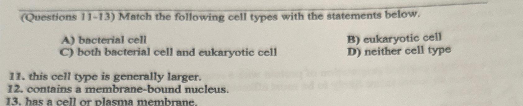 Solved (Questions 11-13) ﻿Match the following cell types | Chegg.com