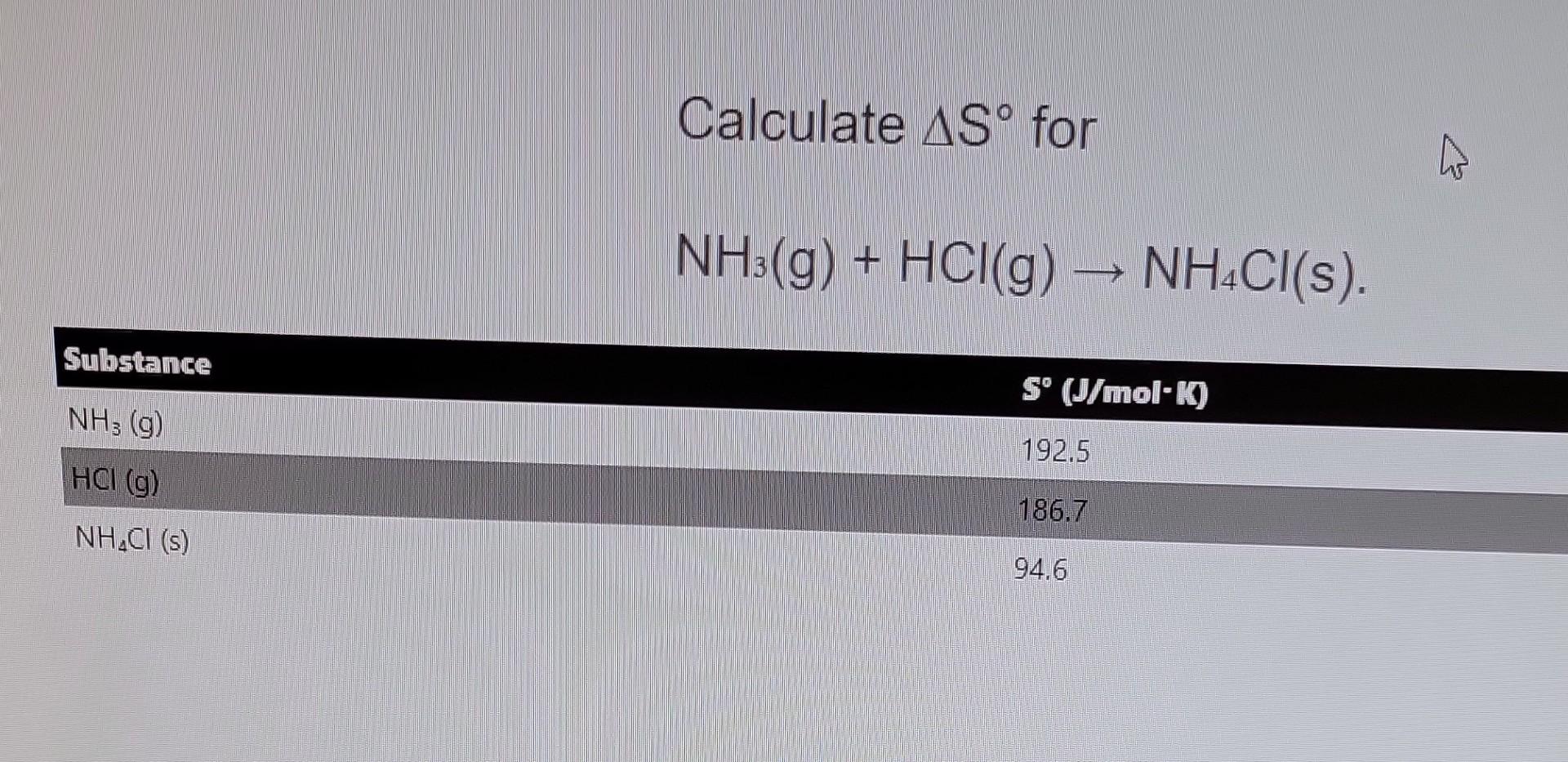Solved Calculate ΔS∘ for NH3( g)+HCl(g)→NH4Cl(s). | Chegg.com