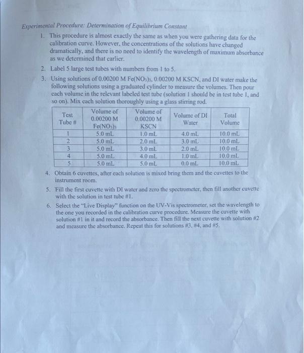 Solved Experimental Procedure: Determination of Equilibrium | Chegg.com