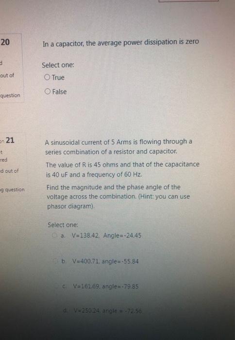 In a capacitor, the average power dissipation is zero | Chegg.com