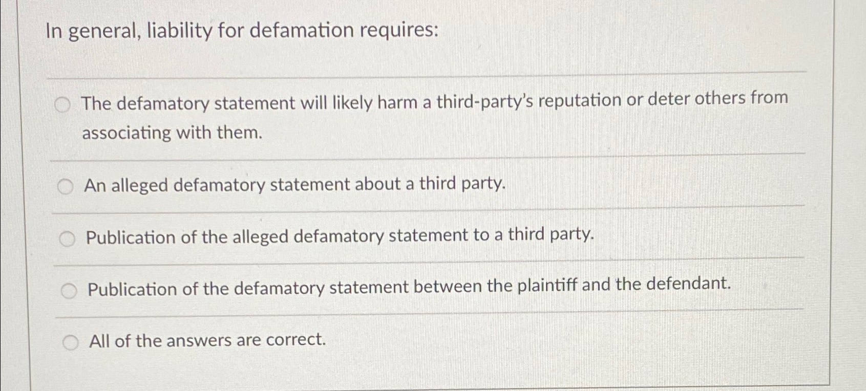 Solved In general, liability for defamation requires:The | Chegg.com