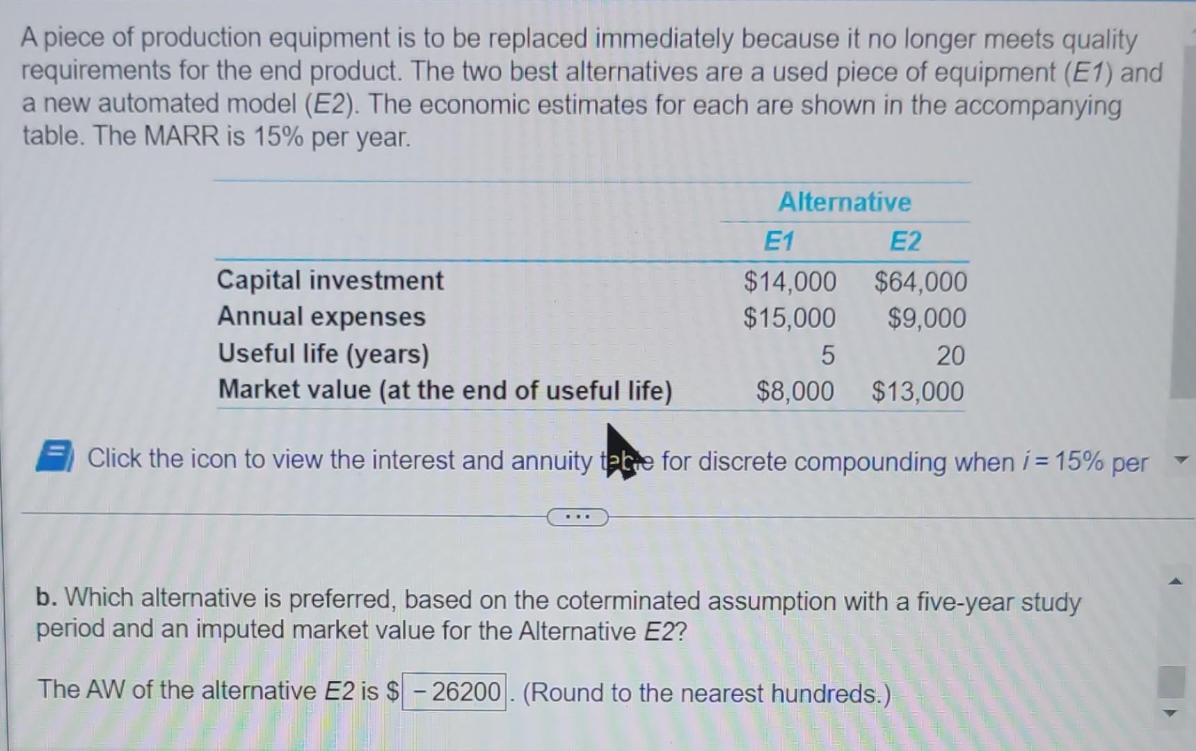 Solved A piece of production equipment is to be replaced | Chegg.com