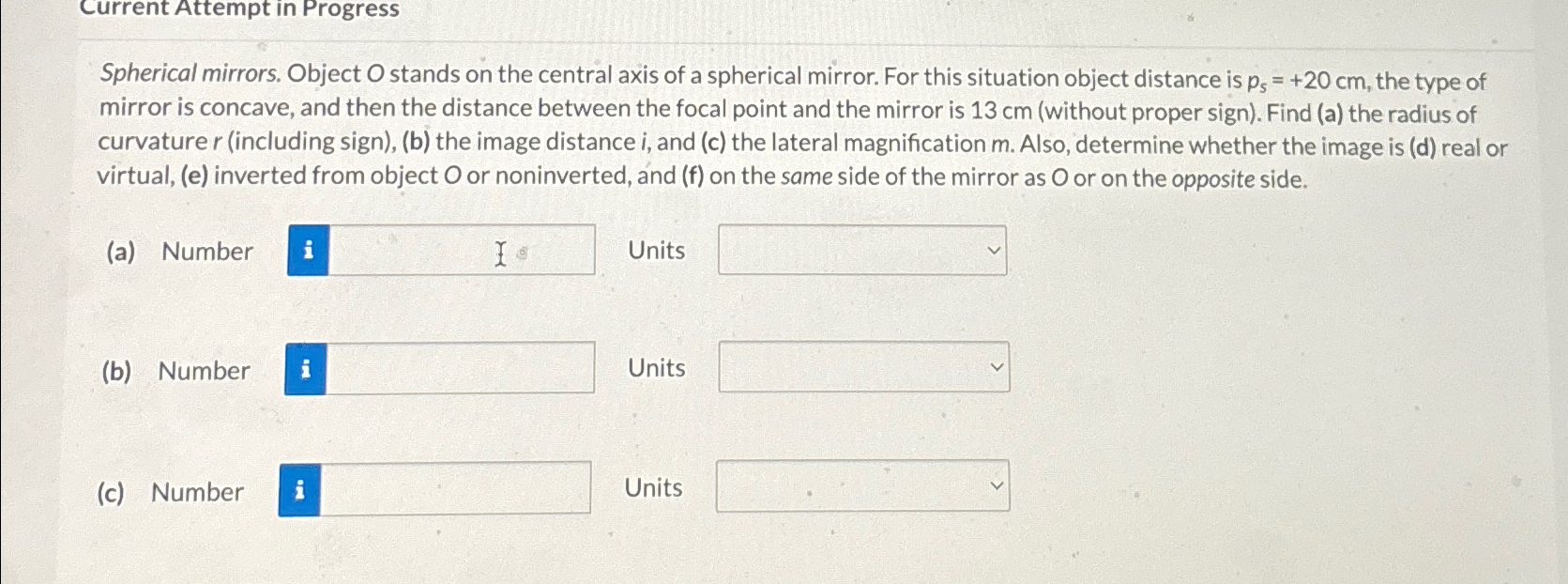 Solved Current Attempt in ProgressSpherical mirrors. Object | Chegg.com