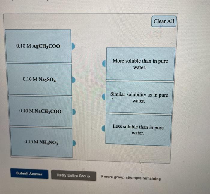 Clear All 0.10 M AgCH3COO More soluble than in pure | Chegg.com