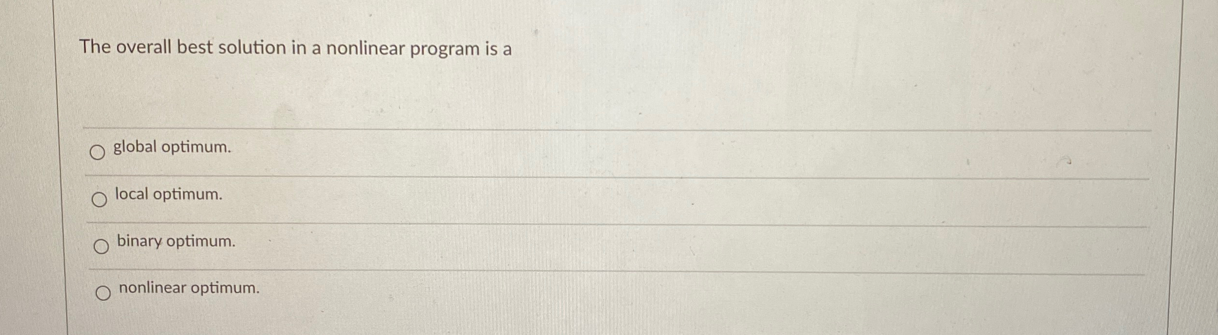 Solved The overall best solution in a nonlinear program is | Chegg.com