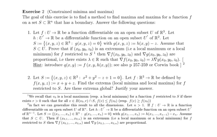 Solved Exercise 2 (Constrained minima and maxima) The goal | Chegg.com