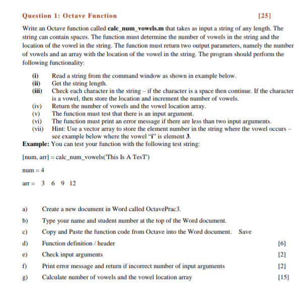 Solved Question 1: Octave Function [25] Write an Octave | Chegg.com