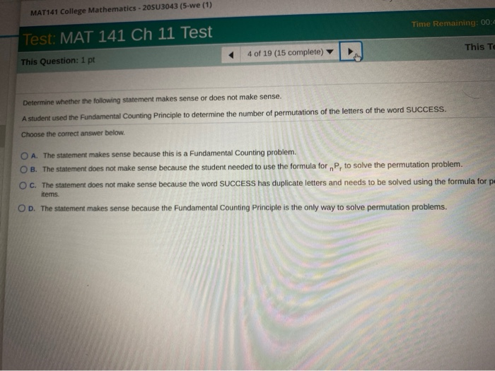 Solved MAT141 College Mathematics - 20543043 (5-we (1) Time | Chegg.com