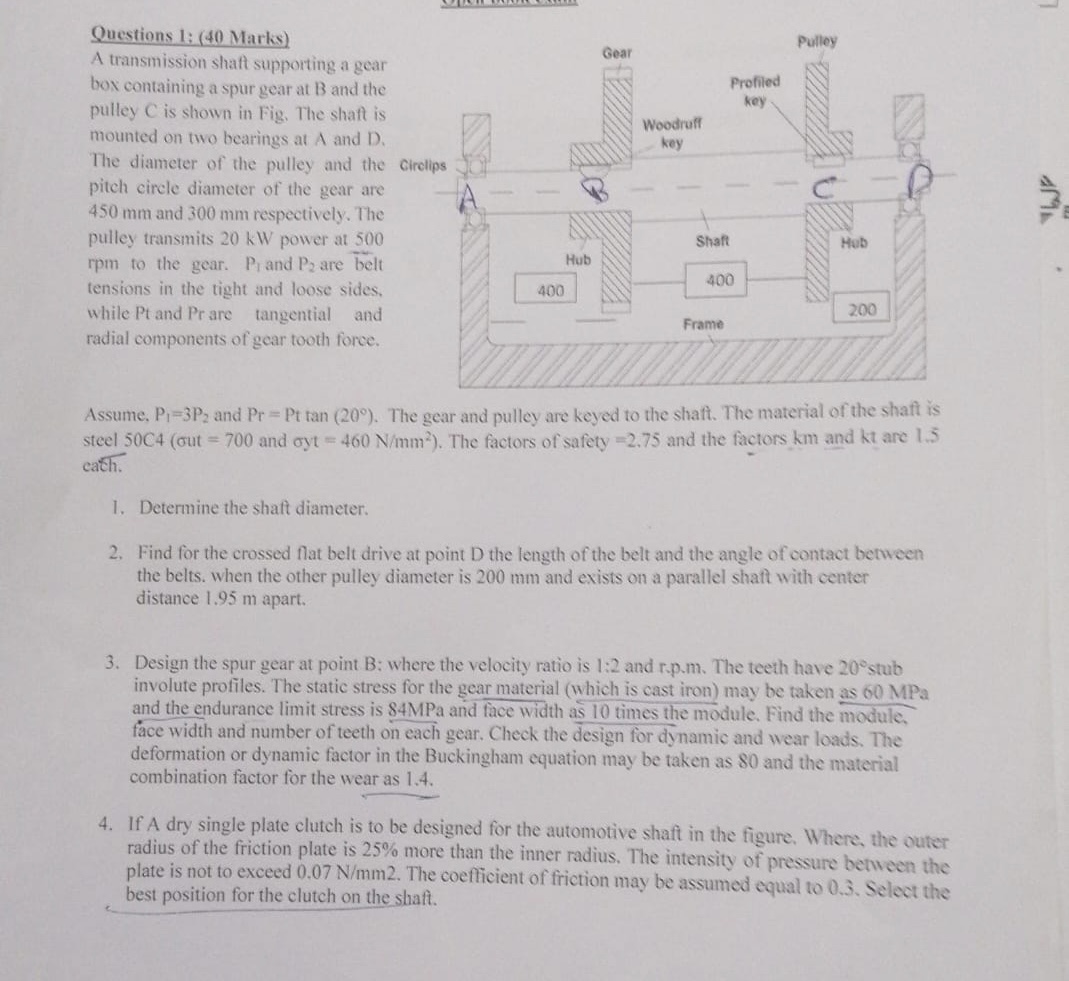 Solved Questions 1: (40 ﻿Marks)A transmission shaft | Chegg.com