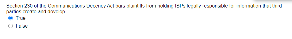 Solved Section 230 ﻿of the Communications Decency Act bars | Chegg.com