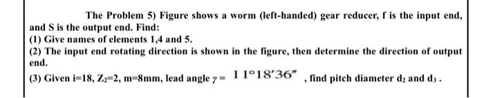 Solved The Problem 5) Figure shows a worm (left-handed) gear | Chegg.com