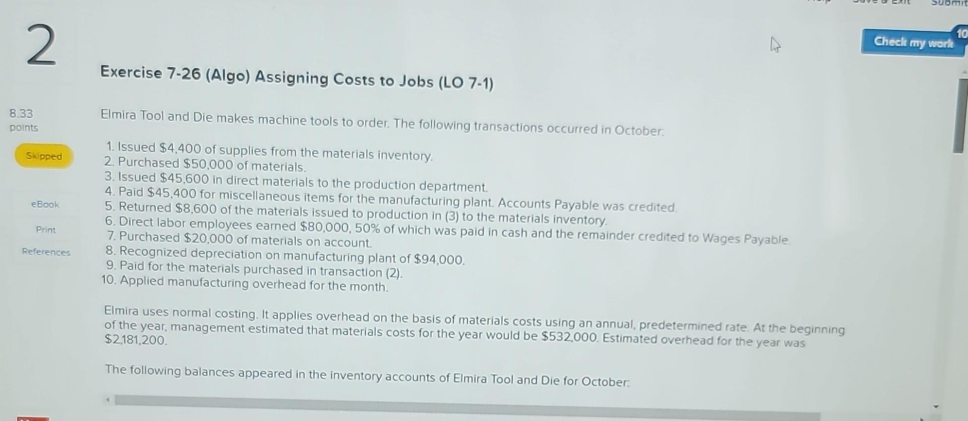 Solved Exercise 7-26 (Algo) Assigning Costs to Jobs (LO 7-1) | Chegg.com