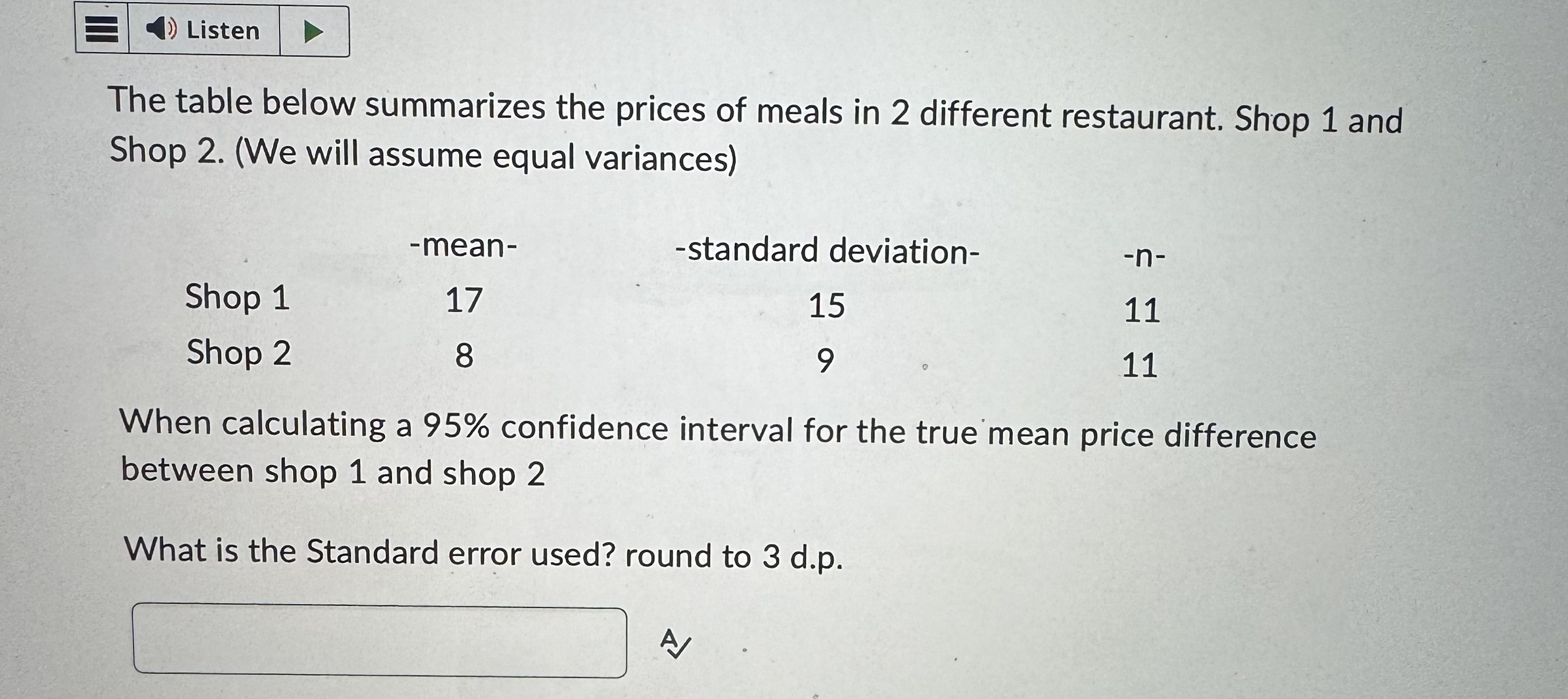 Solved ListenThe table below summarizes the prices of meals | Chegg.com
