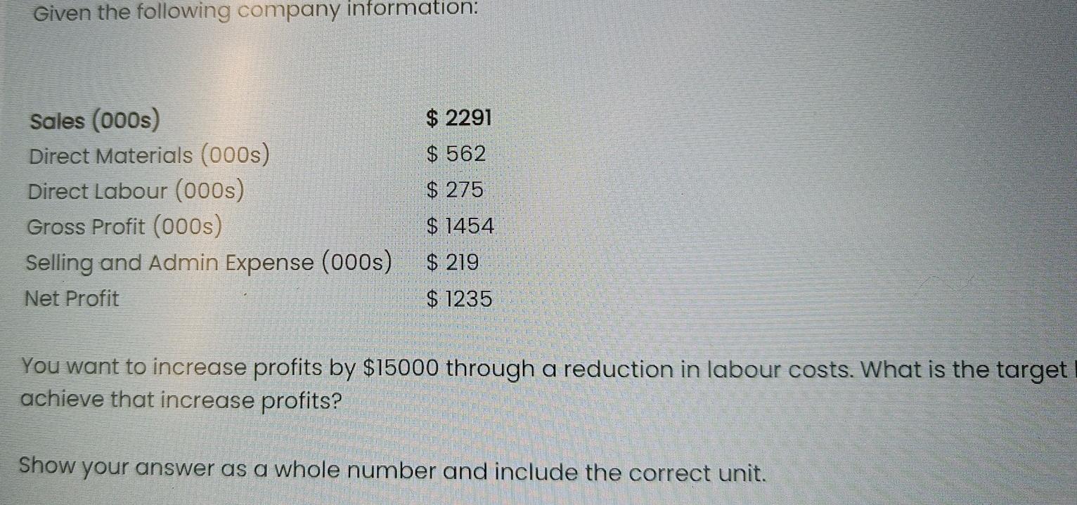 Solved Given the following company information:\table[[Sales | Chegg.com