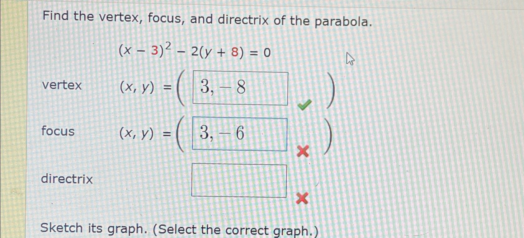Solved Find the Focus, and directrix of the | Chegg.com