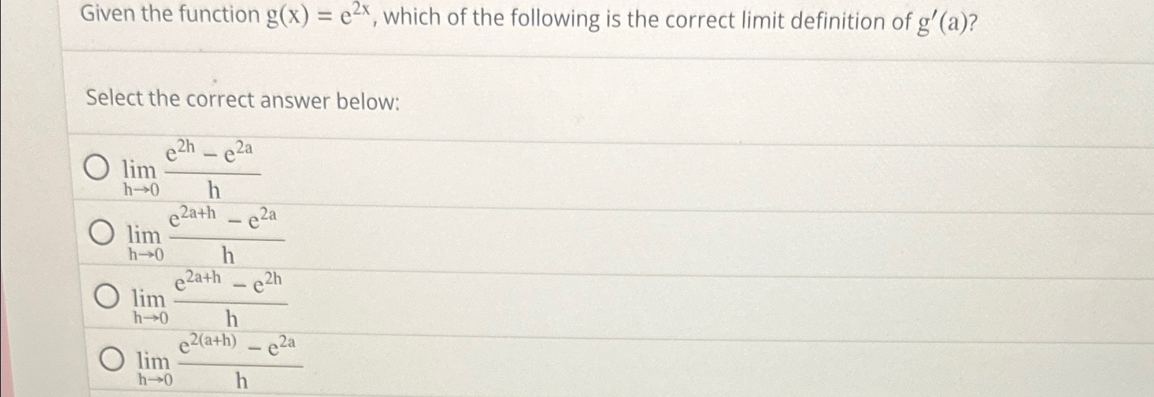 Solved Given the function g(x)=e2x, ﻿which of the following | Chegg.com