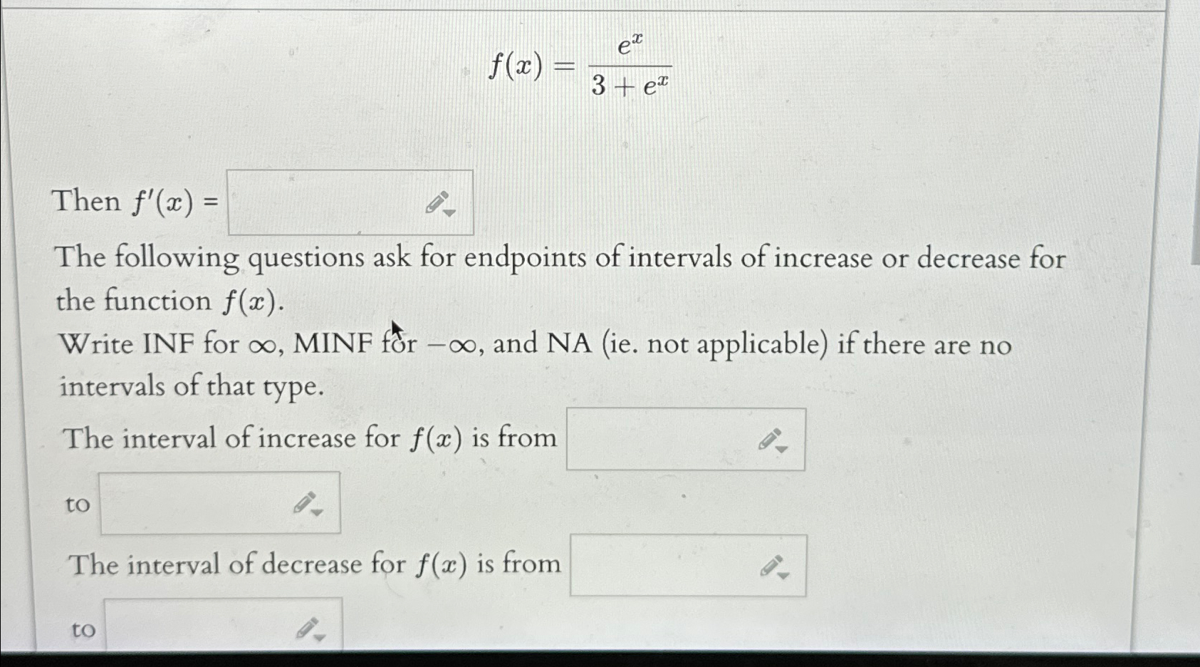 Solved f(x)=ex3+exThen f'(x)=The following questions ask for | Chegg.com