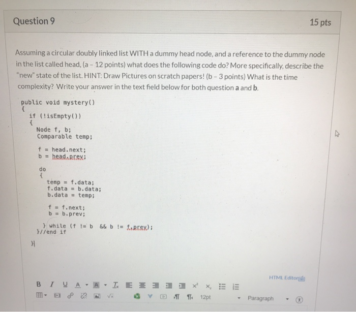 Solved Question 9 15 pts Assuming a circular doubly linked | Chegg.com