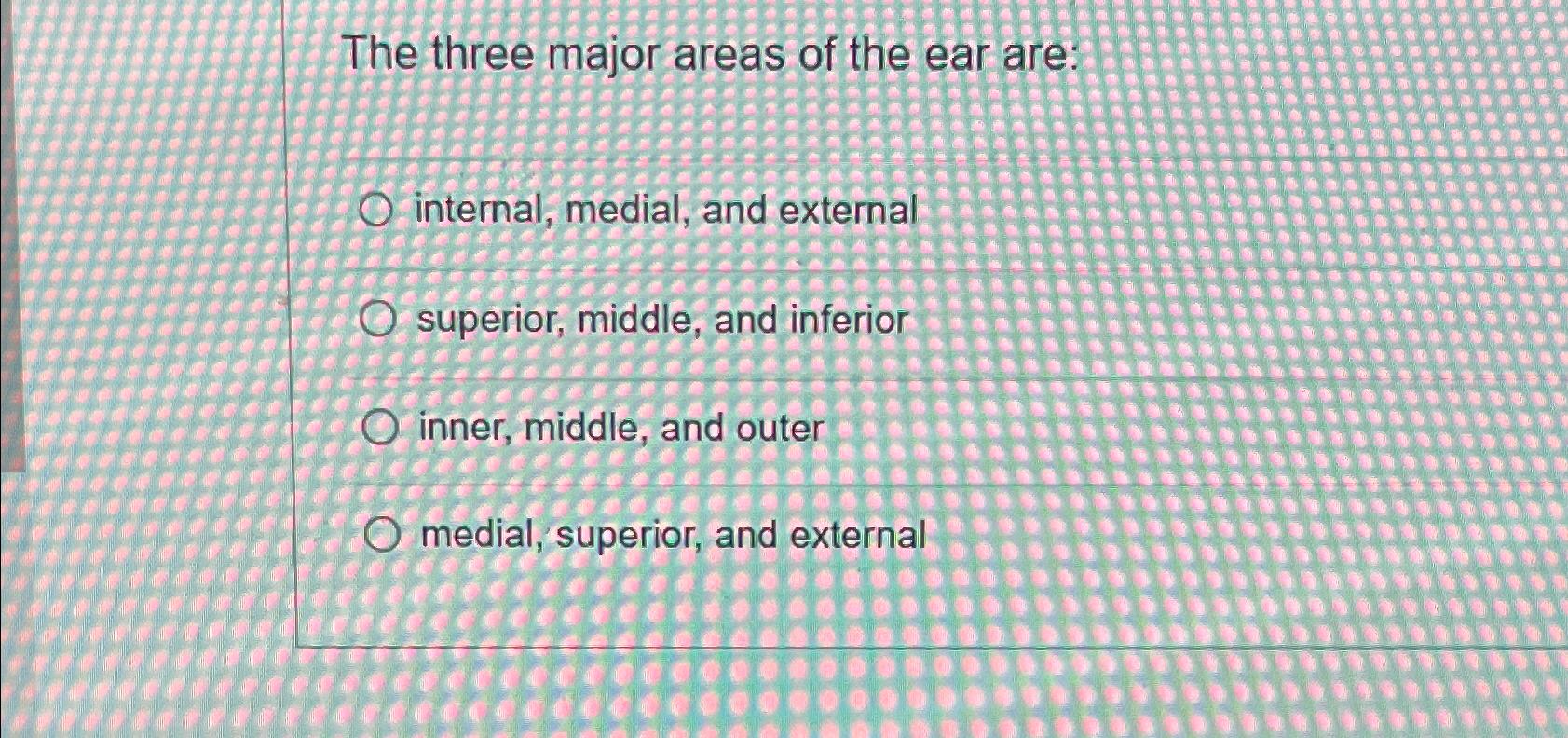 Solved The three major areas of the ear are:internal, | Chegg.com