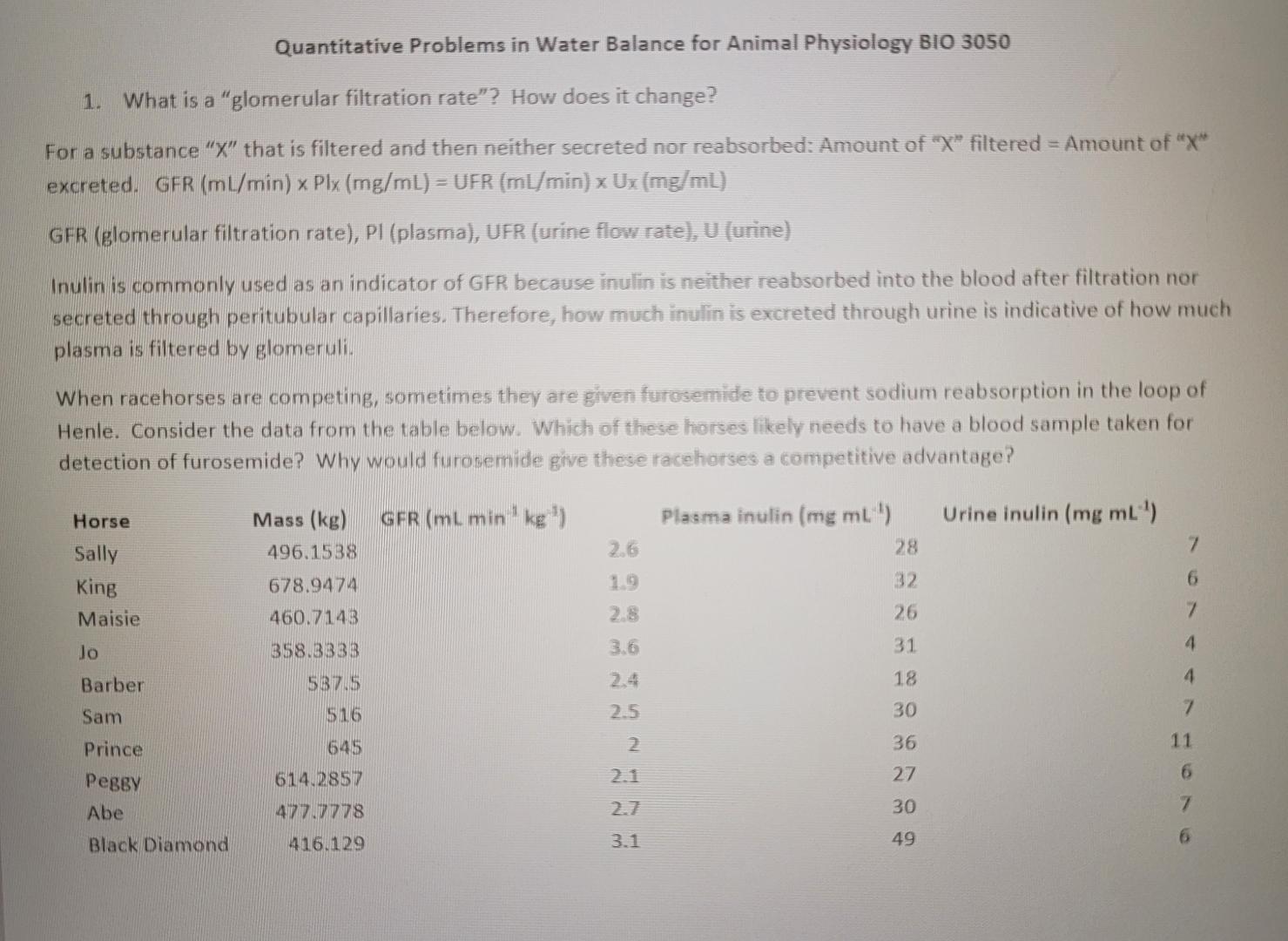 Solved Quantitative Problems in Water Balance for Animal | Chegg.com