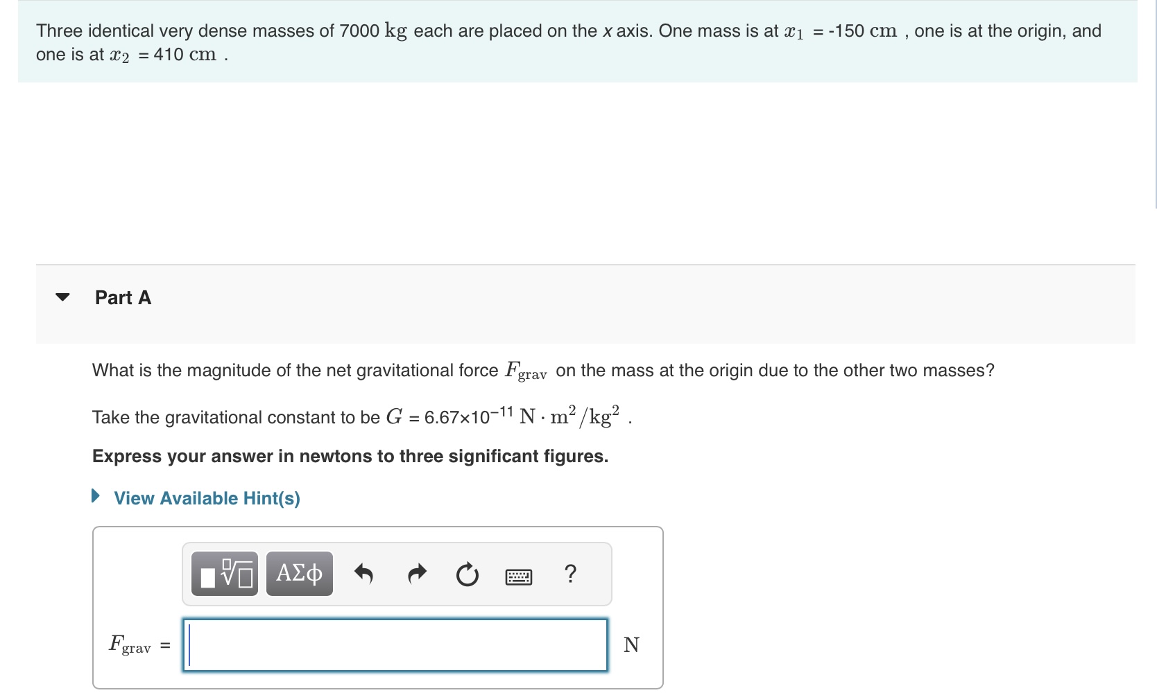 Solved Three identical very dense masses of 7000kg ﻿each are | Chegg.com