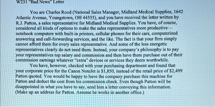 Solved W231 "Bad News" Letter You are Charles Rood (National | Chegg.com