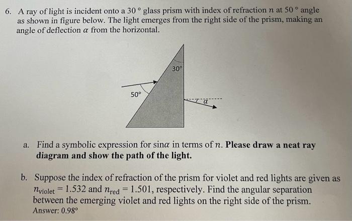 Solved A ray of light is incident onto a 30∘ glass prism | Chegg.com