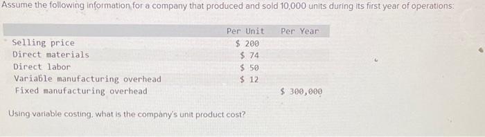 Solved Using variable costing. what is the company's unit | Chegg.com