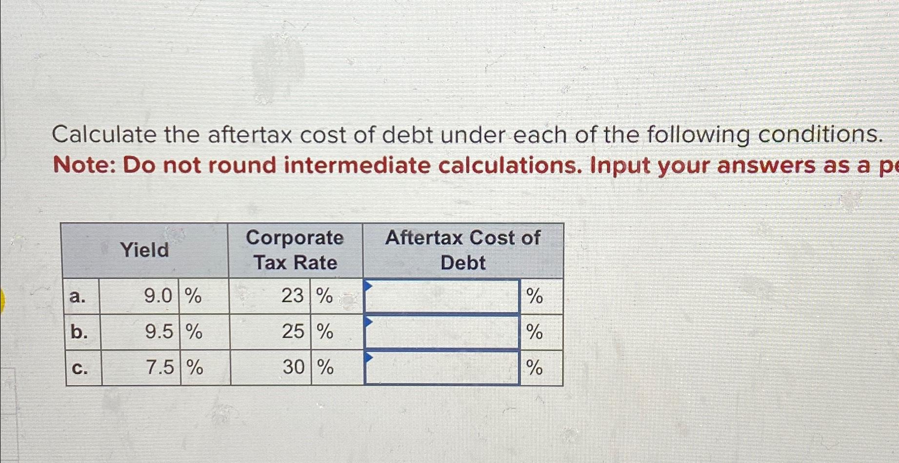 Solved Calculate the aftertax cost of debt under each of the | Chegg.com