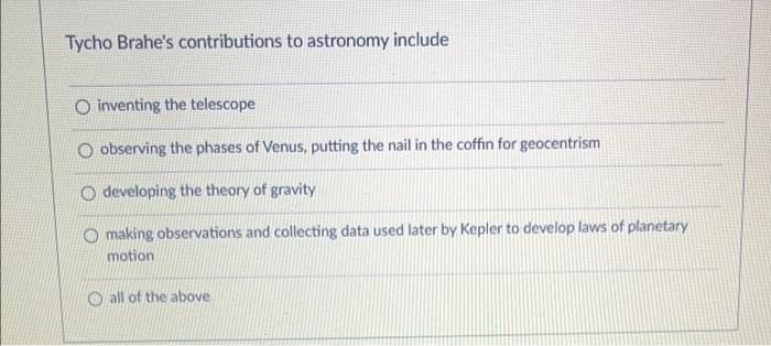 Solved Tycho Brahe's contributions to astronomy include O | Chegg.com