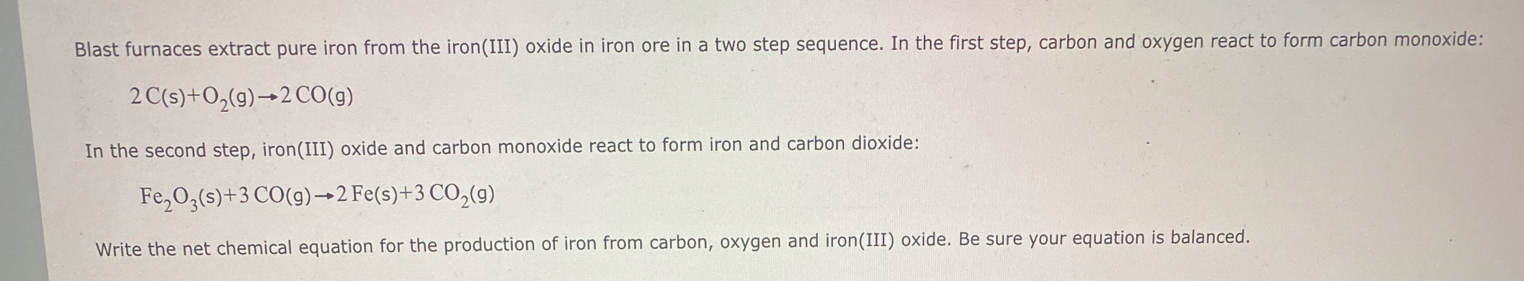 Solved Blast furnaces extract pure iron from the iron(III) | Chegg.com