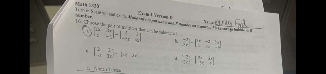 Math 1330Turn in Scantron and exam, Make sure 1 | Chegg.com