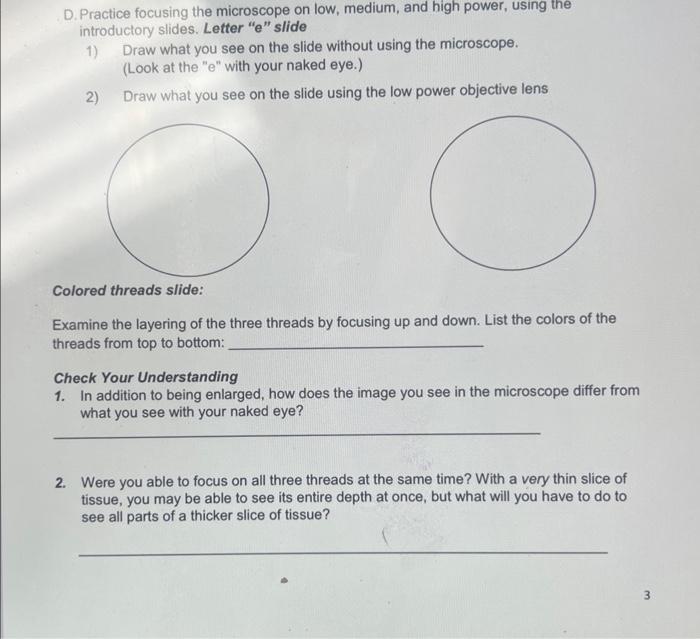 Solved D. Practice focusing the microscope on low, medium, | Chegg.com