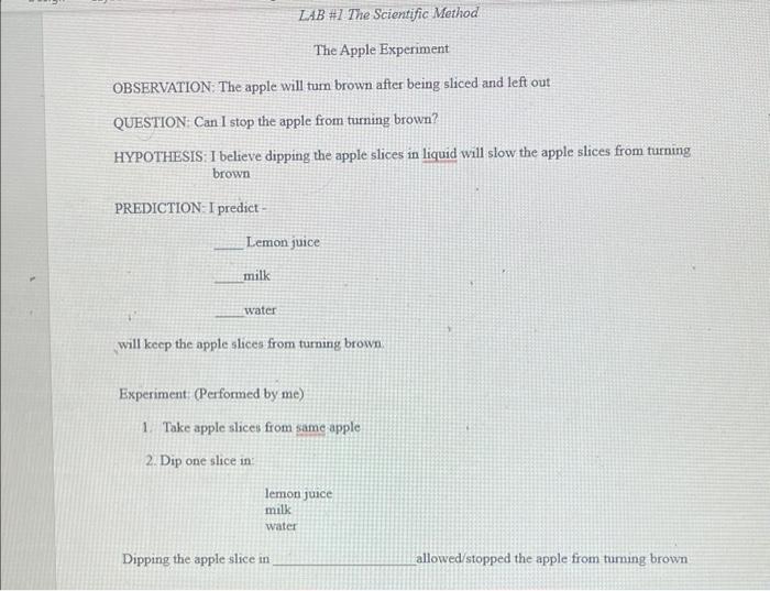 Solved The Apple Experiment OBSERVATION: The apple will tum | Chegg.com
