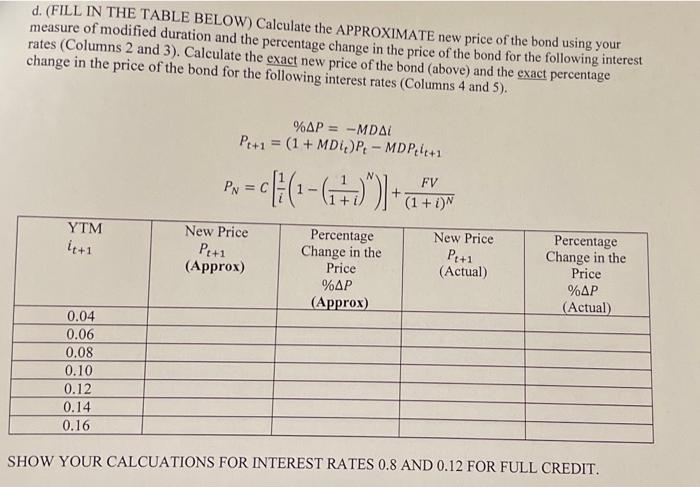 Solved d. (FILL IN THE TABLE BELOW) Calculate the | Chegg.com