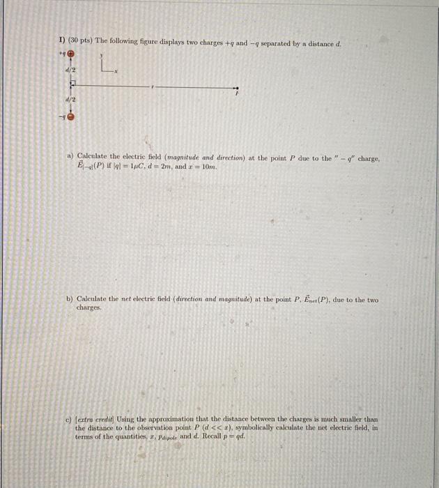 Solved I) (30pts) The following figure displays two charges | Chegg.com