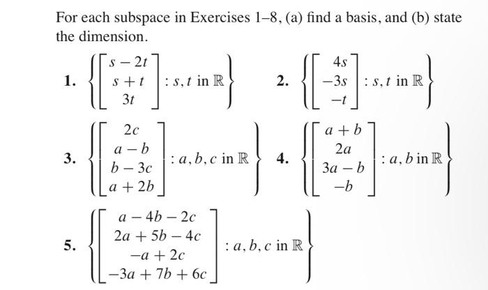Solved For each subspace in Exercises 1-8, (a) find a basis, | Chegg.com