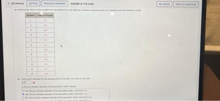 Solved 7. [2/5 Points] DETAILS Student An experimental diet | Chegg.com