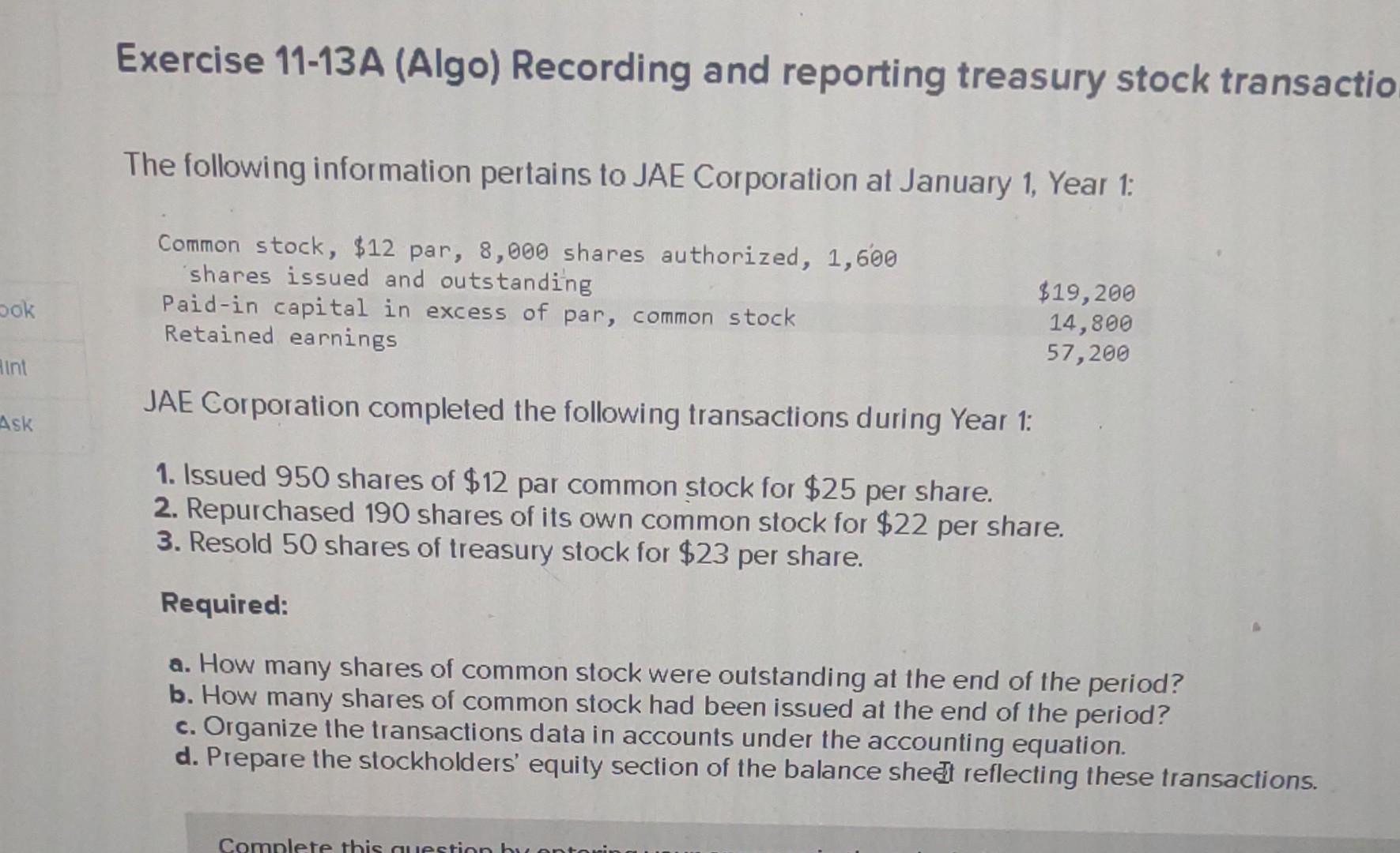 Solved Exercise 11−13A( Algo) Recording and reporting | Chegg.com
