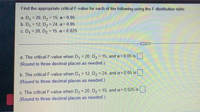 Solved Find the appropriate critical F-value for each of the | Chegg.com