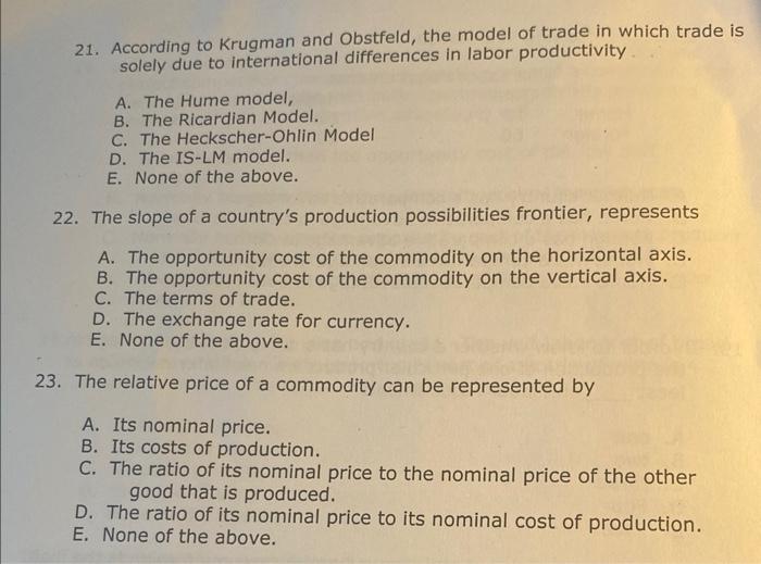 Solved 21. According to Krugman and Obstfeld, the model of | Chegg.com