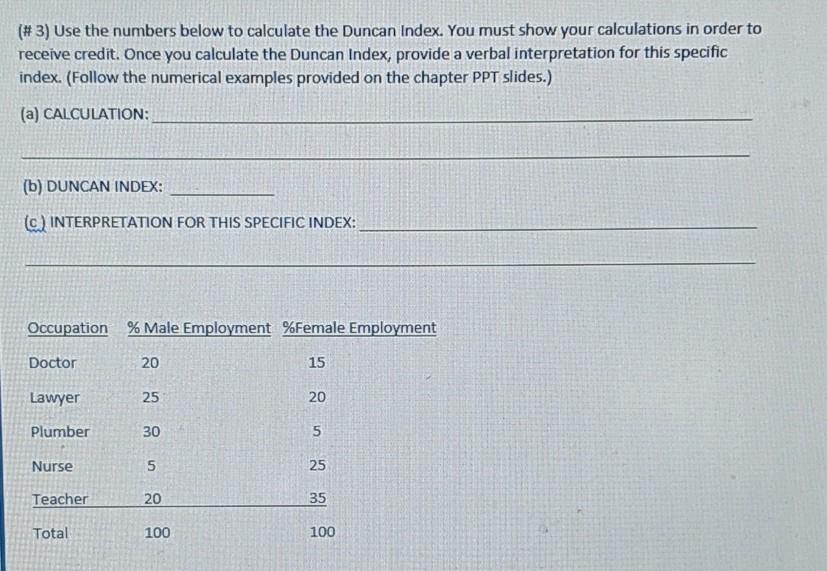 Solved (#3) Use the numbers below to calculate the Duncan | Chegg.com