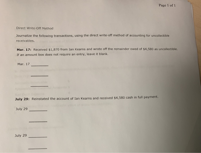 Solved Page 1 of 1 Direct Write-Off Method Journalize the | Chegg.com