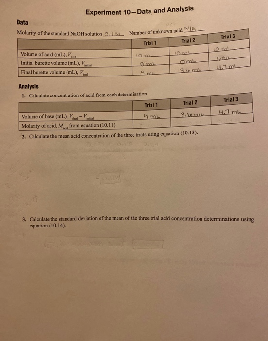 Solved Trial 3 Experiment 10-Data and Analysis Data Molarity | Chegg.com