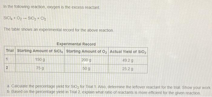 Solved In the following reaction, oxygen is the excess | Chegg.com