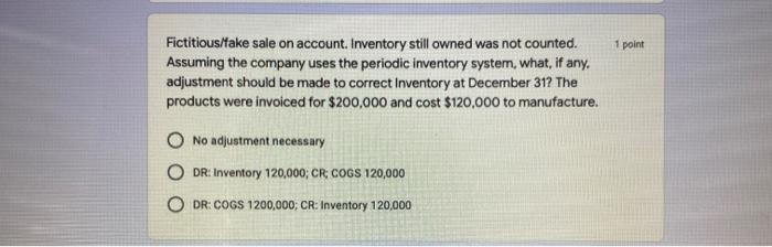Solved 1 point Fictitious/fake sale on account. Inventory | Chegg.com