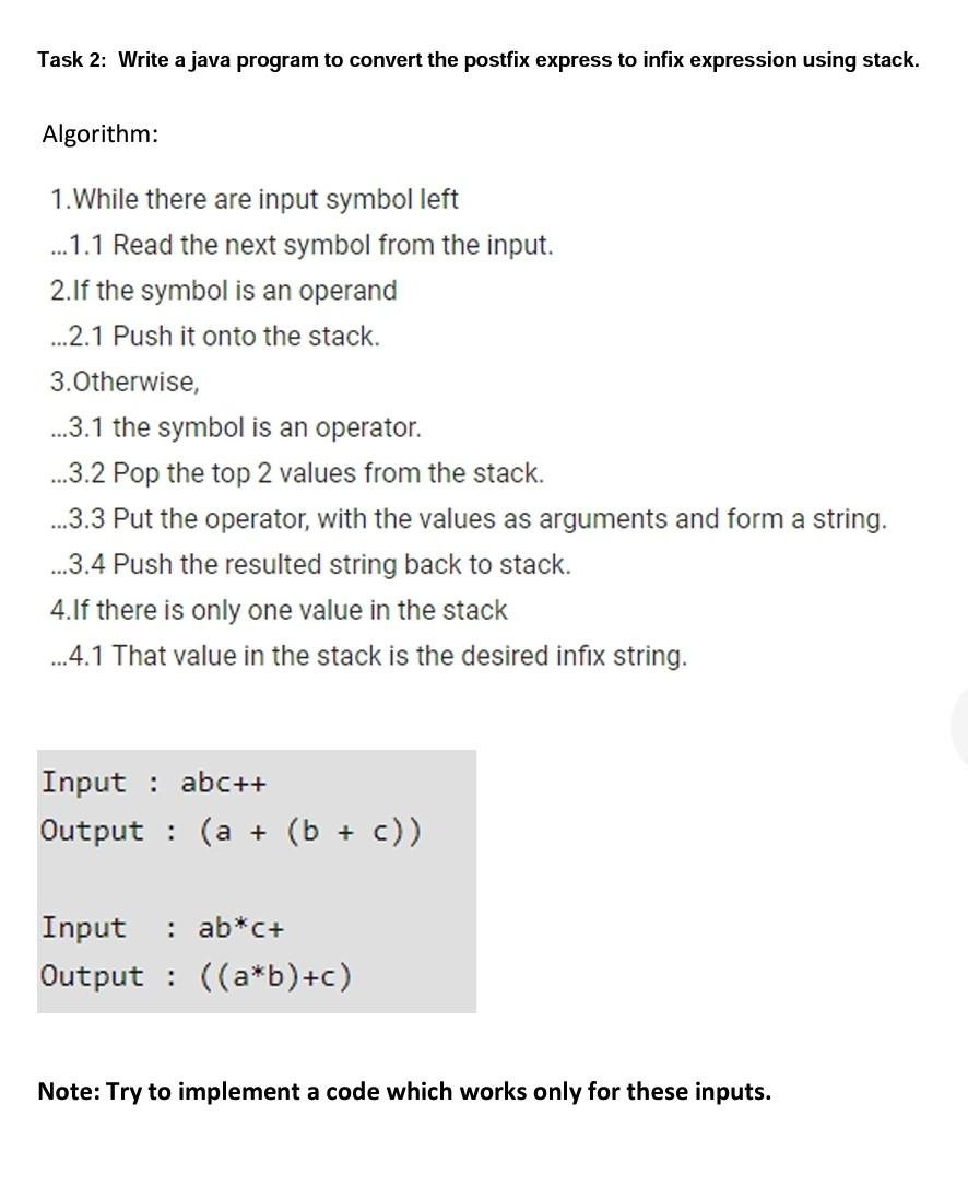 Solved Task 2 Write A Java Program To Convert The Postfix 