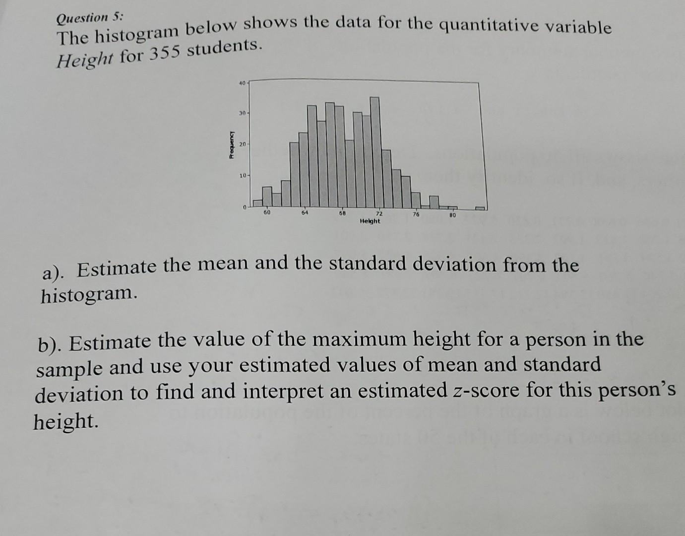 Solved Question 5: The histogram below shows the data for | Chegg.com