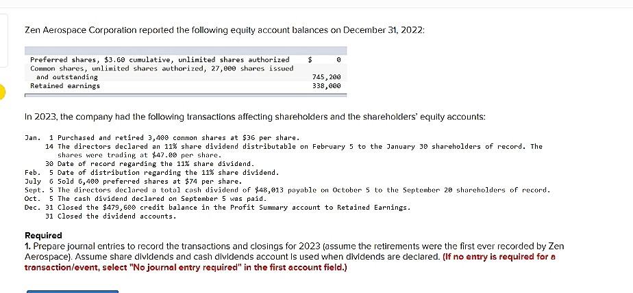 Solved Zen Aerospace Corporation reported the following | Chegg.com