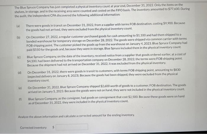 Solved The Blue Spruce Company has just completed a physical | Chegg.com